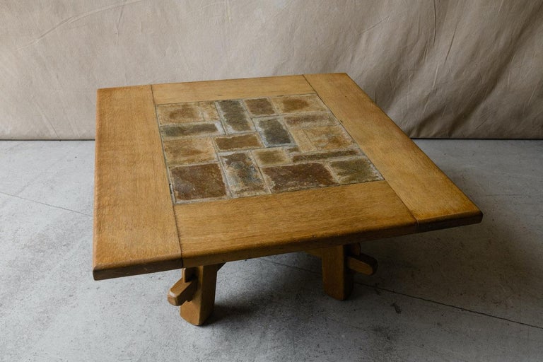 Vintage Oak and Slate Tile Coffee Table From France, Circa 1970 at 1stDibs