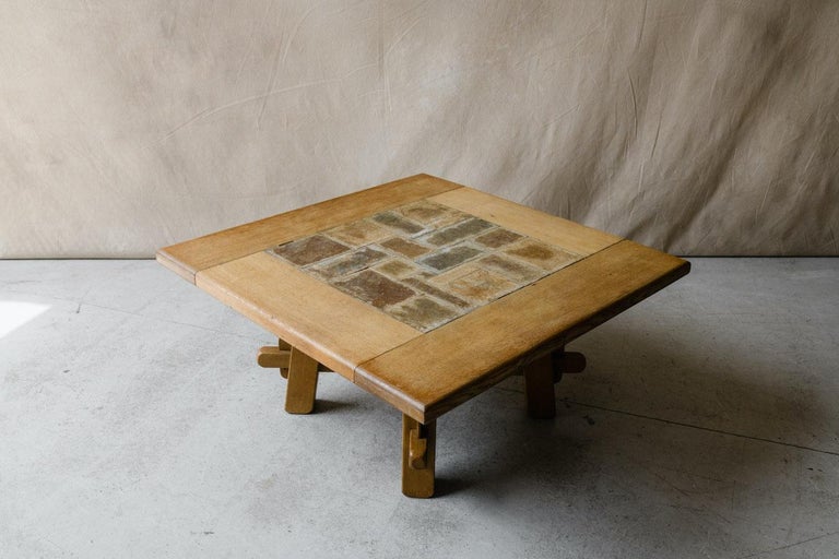 Vintage Oak and Slate Tile Coffee Table From France, Circa 1970 at 1stDibs
