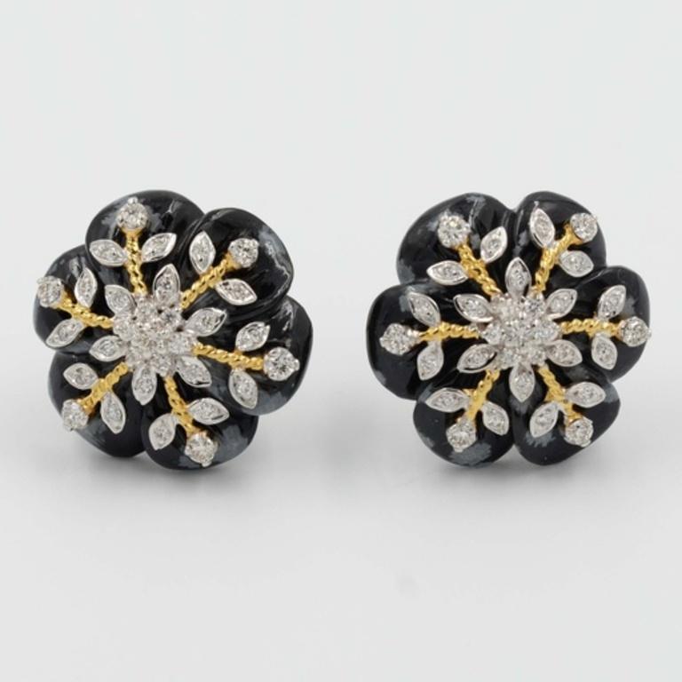 Vintage Obsidian Carved Stone Diamond Earrings For Sale at 1stDibs