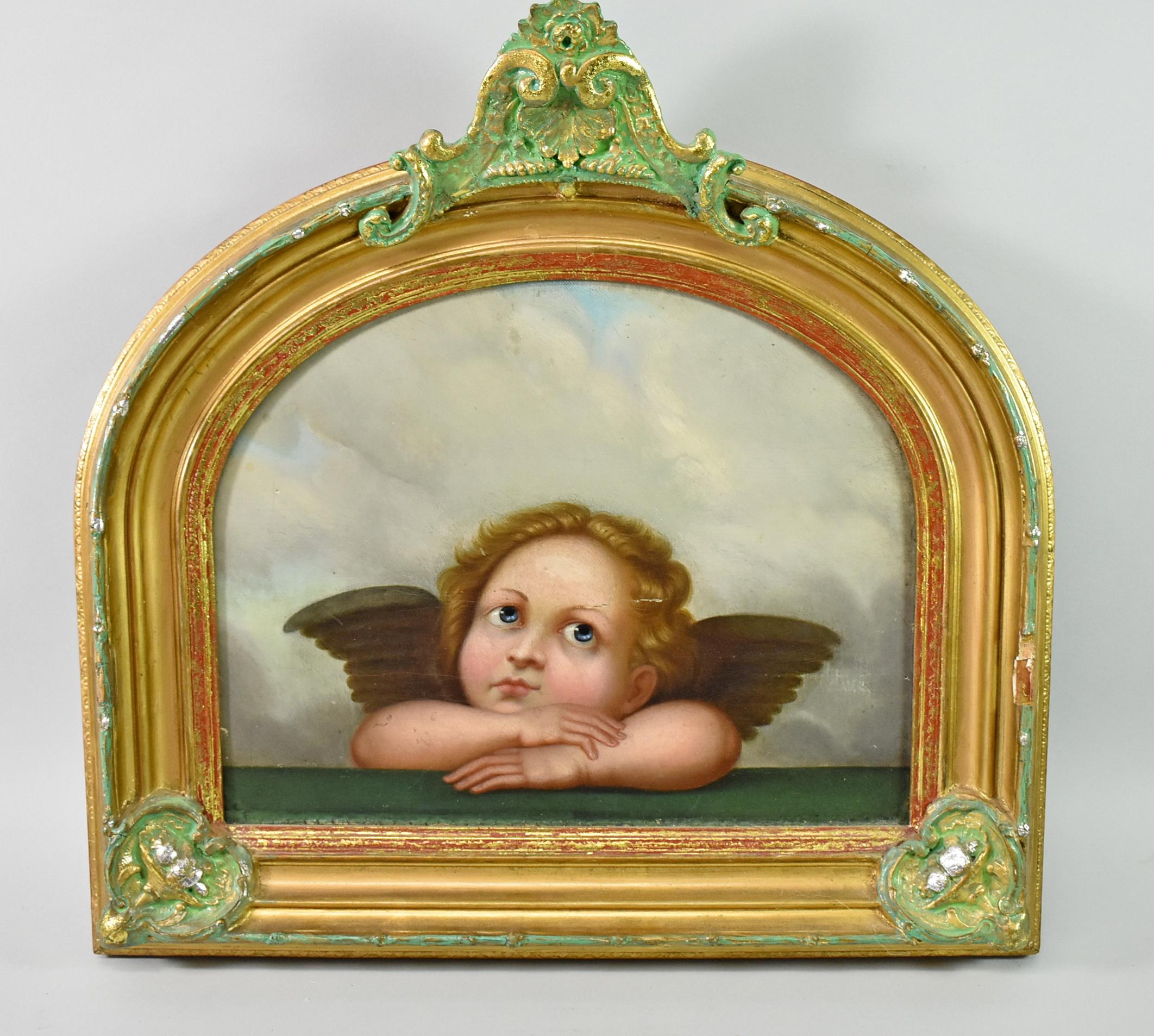 Vintage Oil Painting on Wood with a Winged Cherub For Sale at 1stDibs