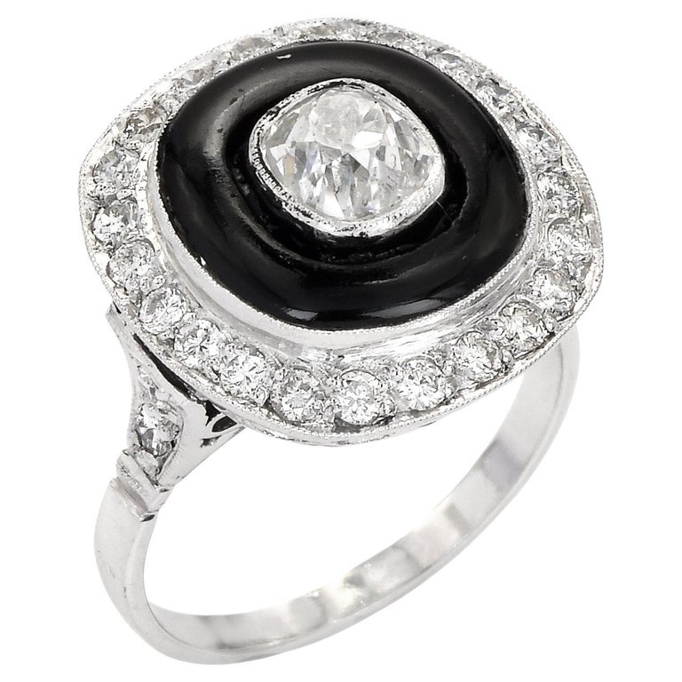 Vintage Old Cut Diamond Onyx Platinum Double Halo Cocktail Engagement ...