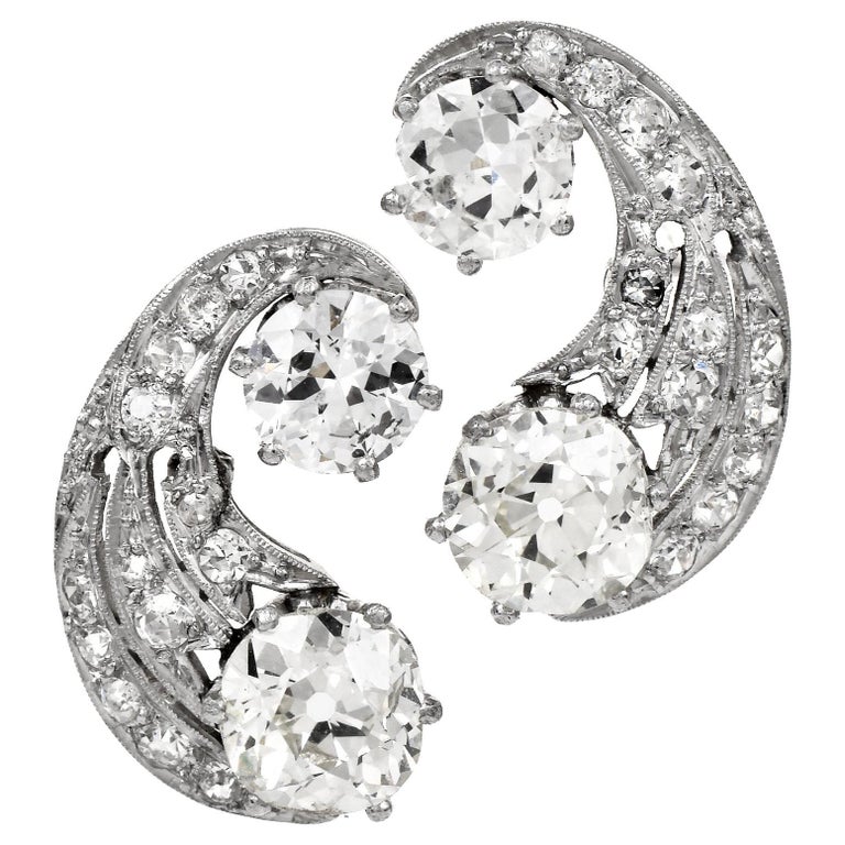 Vintage Old European Cut Diamond Platinum Crescent Stud Earrings For ...