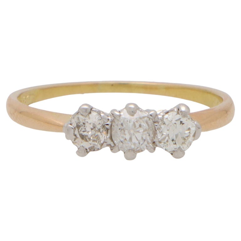 Vintage Old Mine Cut Diamond Three Stone Ring in 18k Gold For Sale at ...