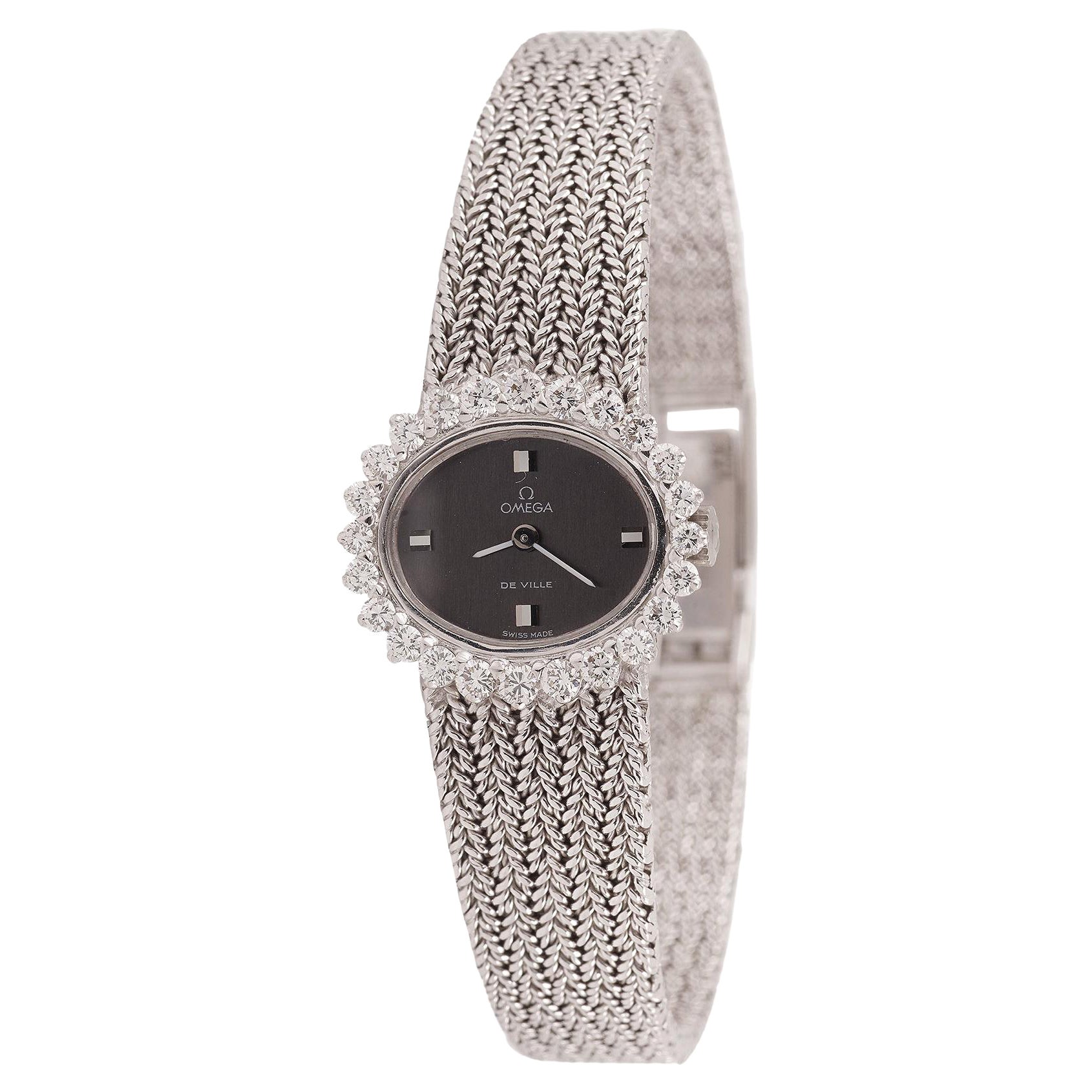 Ladies White Gold Omega 1.25 Carat Natural Diamond Manual Cocktail ...