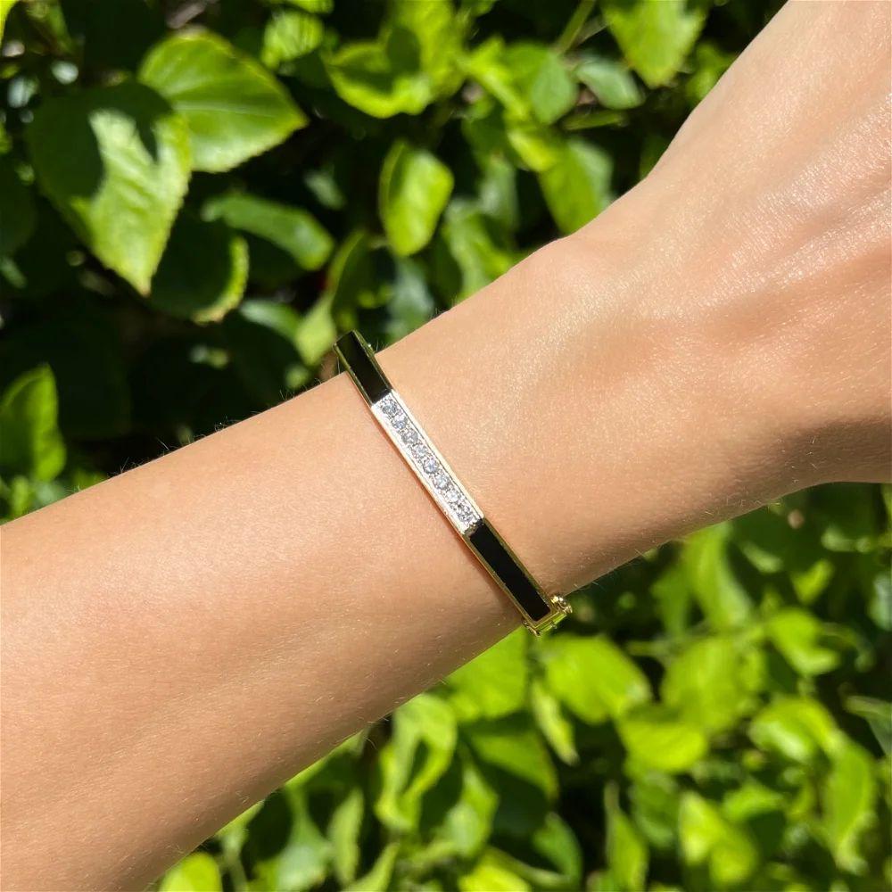 Vintage Onyx and Diamond Geometric Octagon Gold Bangle Bracelet For ...