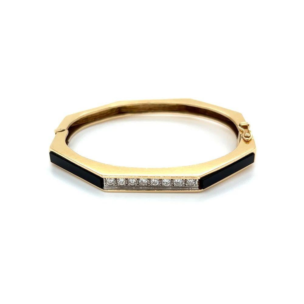 Vintage Onyx and Diamond Geometric Octagon Gold Bangle Bracelet For Sale at 1stDibs