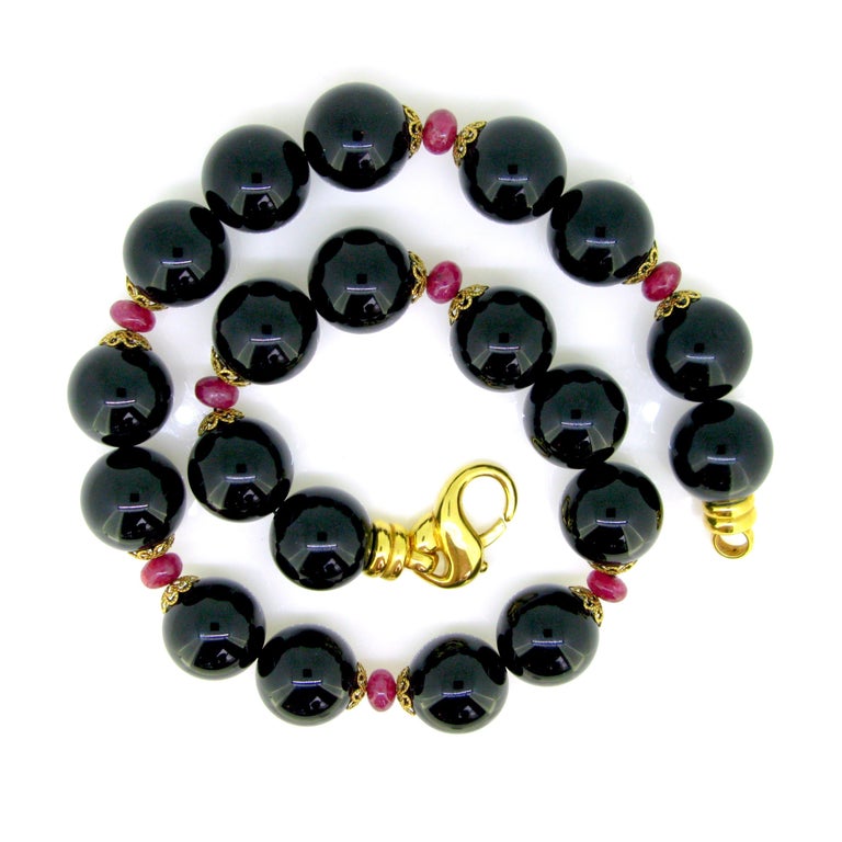 Vintage Onyx Beads and Ruby Necklace at 1stDibs