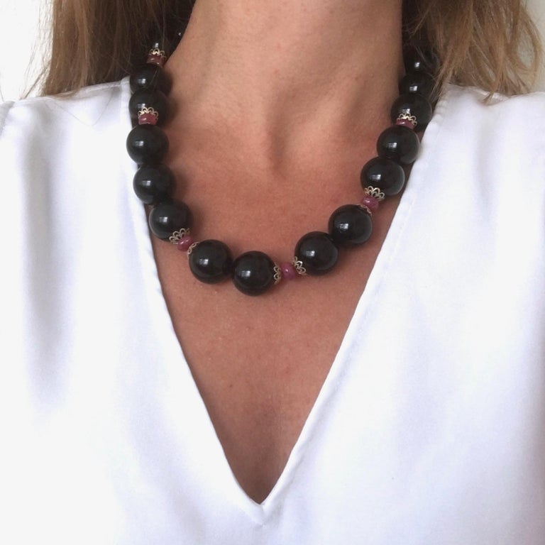 Vintage Onyx Beads and Ruby Necklace at 1stDibs