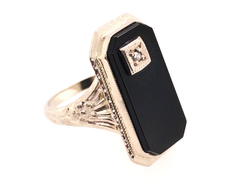 Art Deco Onyx Ring Hand Engraved Flowers Original 1930's Antique 14K ...