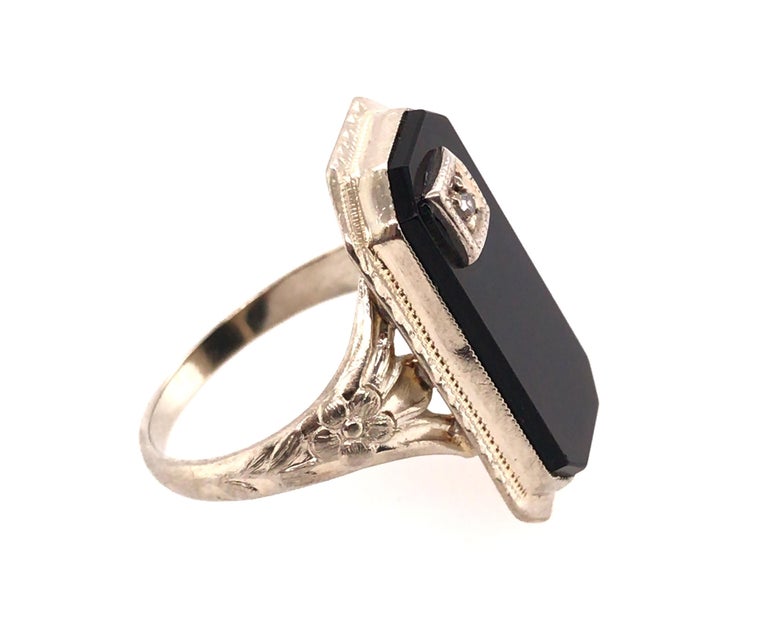 Art Deco Onyx Ring Hand Engraved Flowers Original 1930's Antique 14K ...