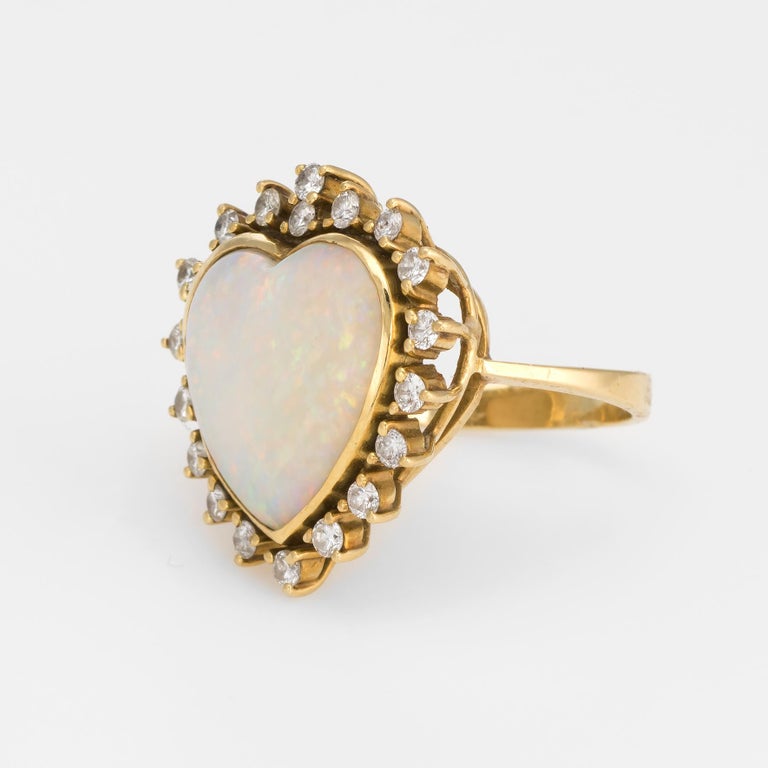Vintage Opal Heart Diamond Ring 18 Karat Gold Natural Gem Estate Fine ...