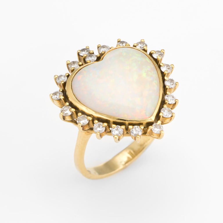 Vintage Opal Heart Diamond Ring 18 Karat Gold Natural Gem Estate Fine ...