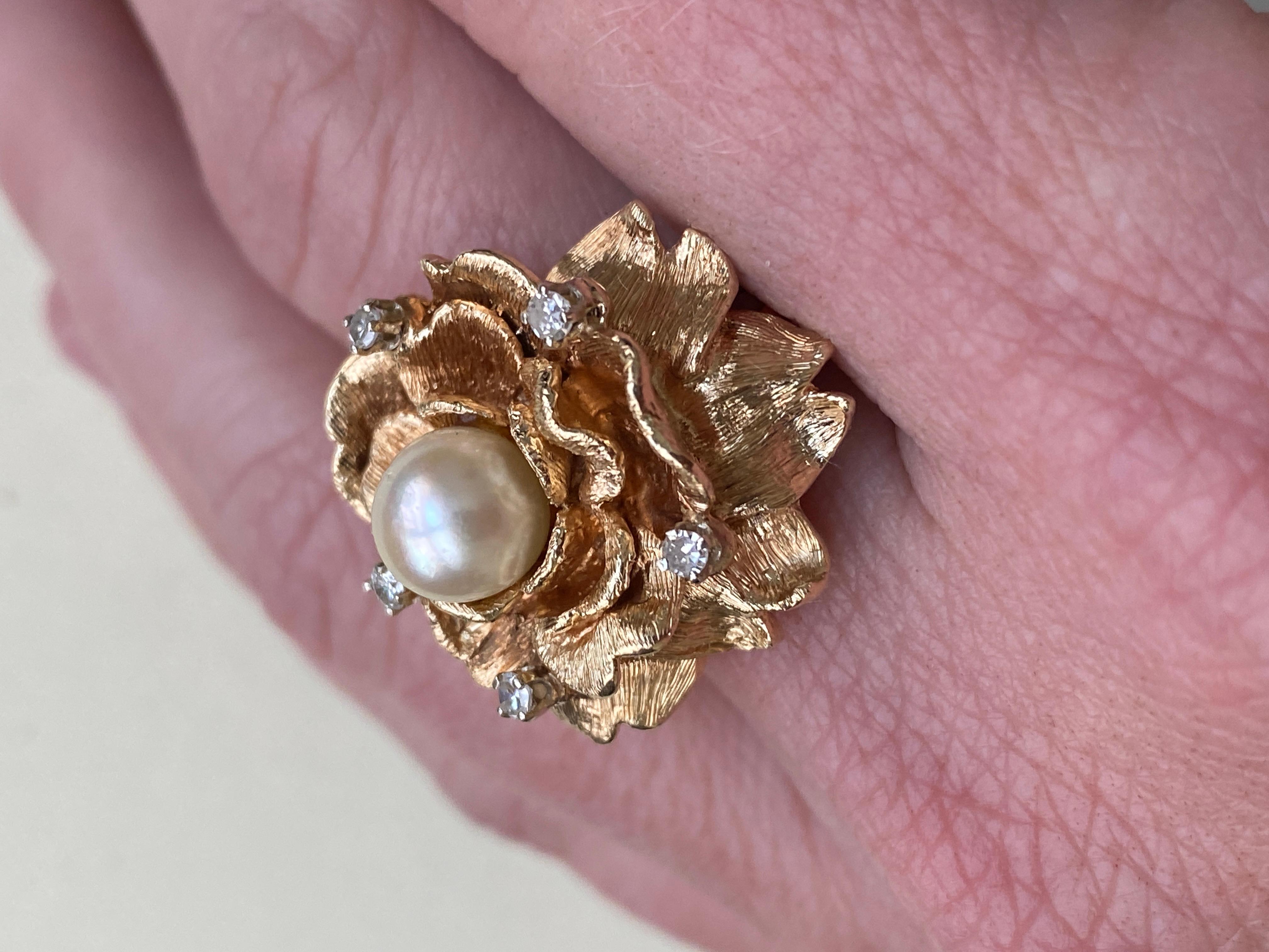 Vintage, Organic Flower Cocktail Ring with Pearl and Diamonds For Sale ...