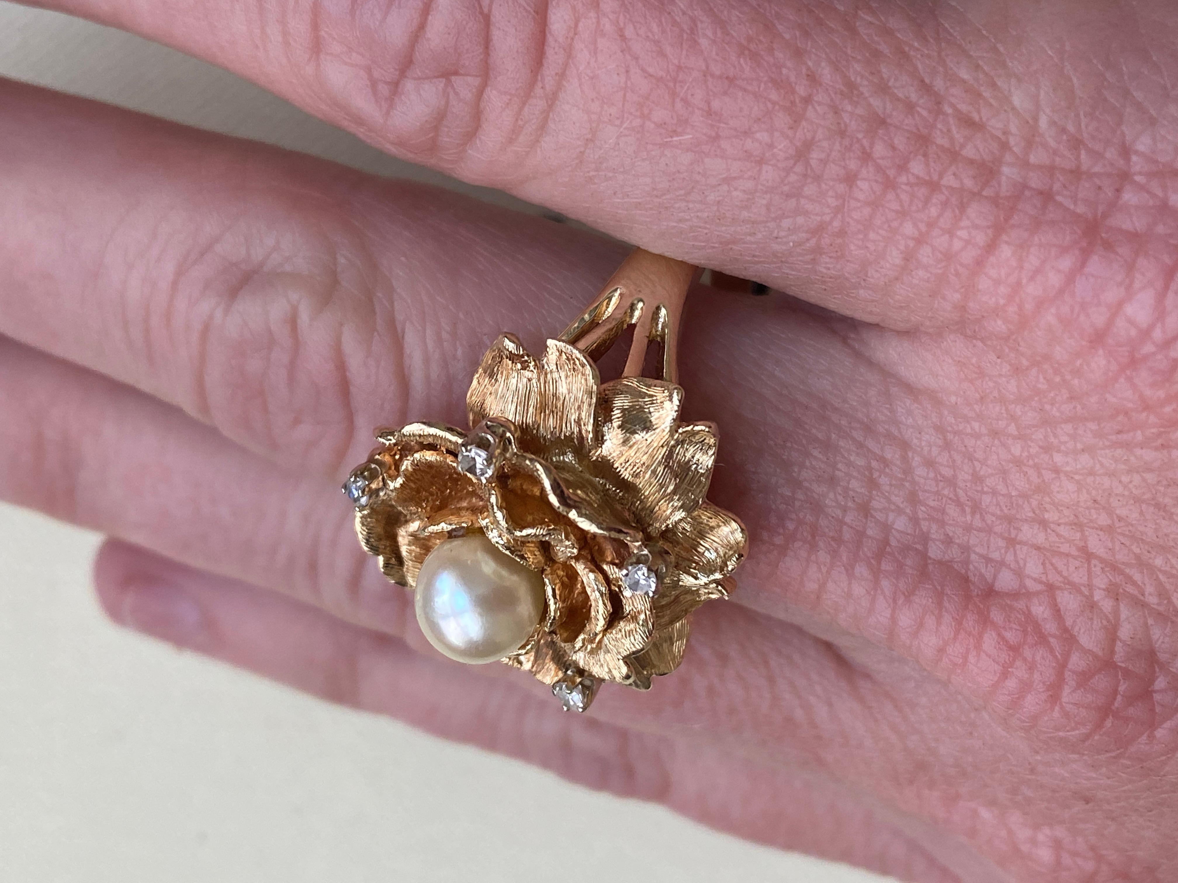 Vintage, Organic Flower Cocktail Ring with Pearl and Diamonds For Sale ...