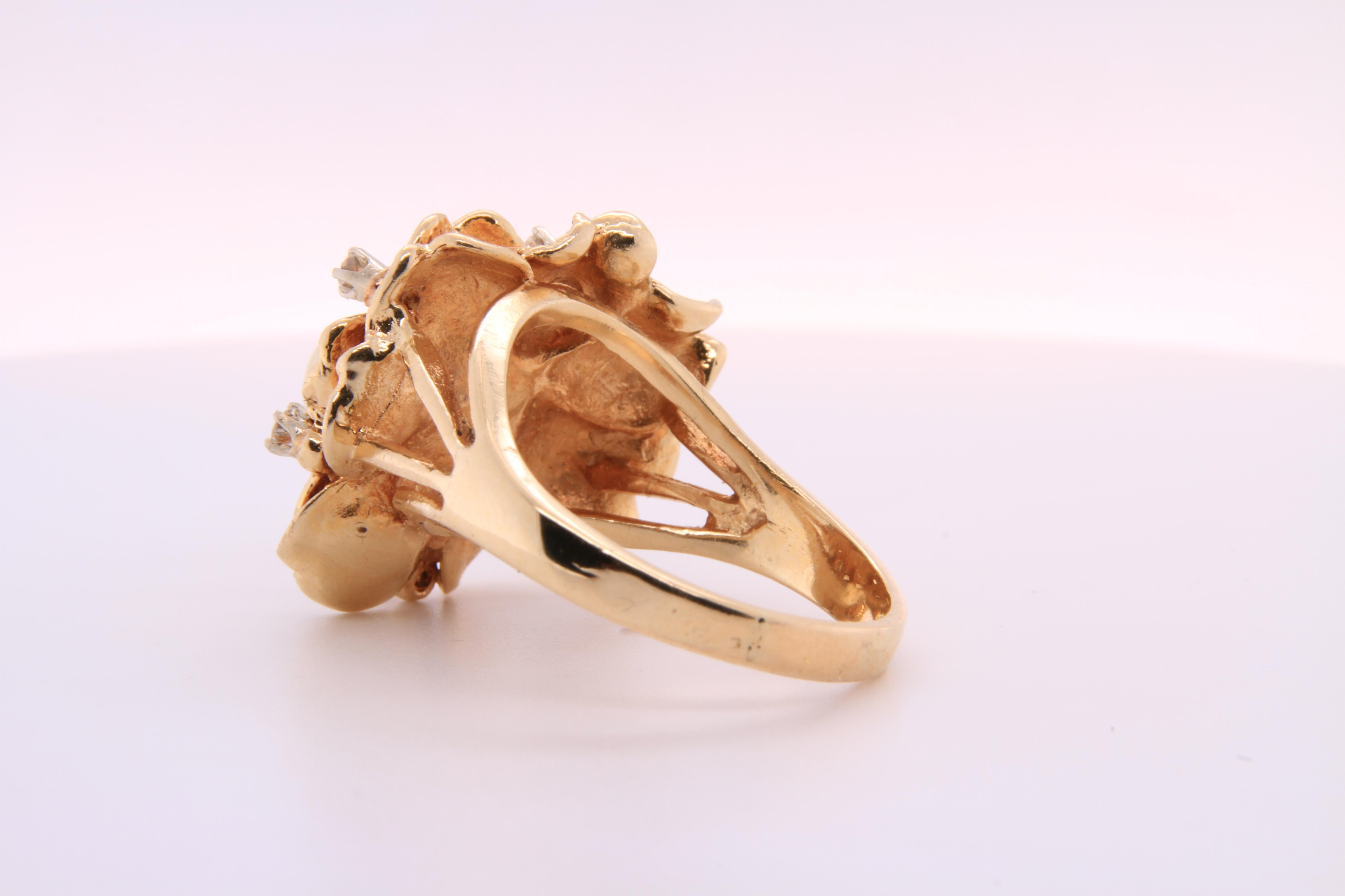 Vintage, Organic Flower Cocktail Ring with Pearl and Diamonds For Sale ...