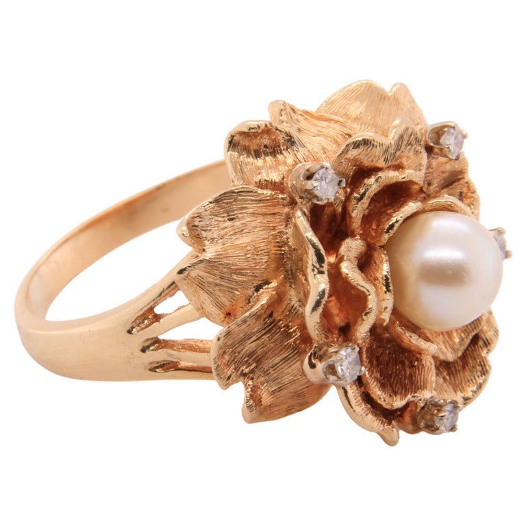 Vintage, Organic Flower Cocktail Ring with Pearl and Diamonds For Sale ...