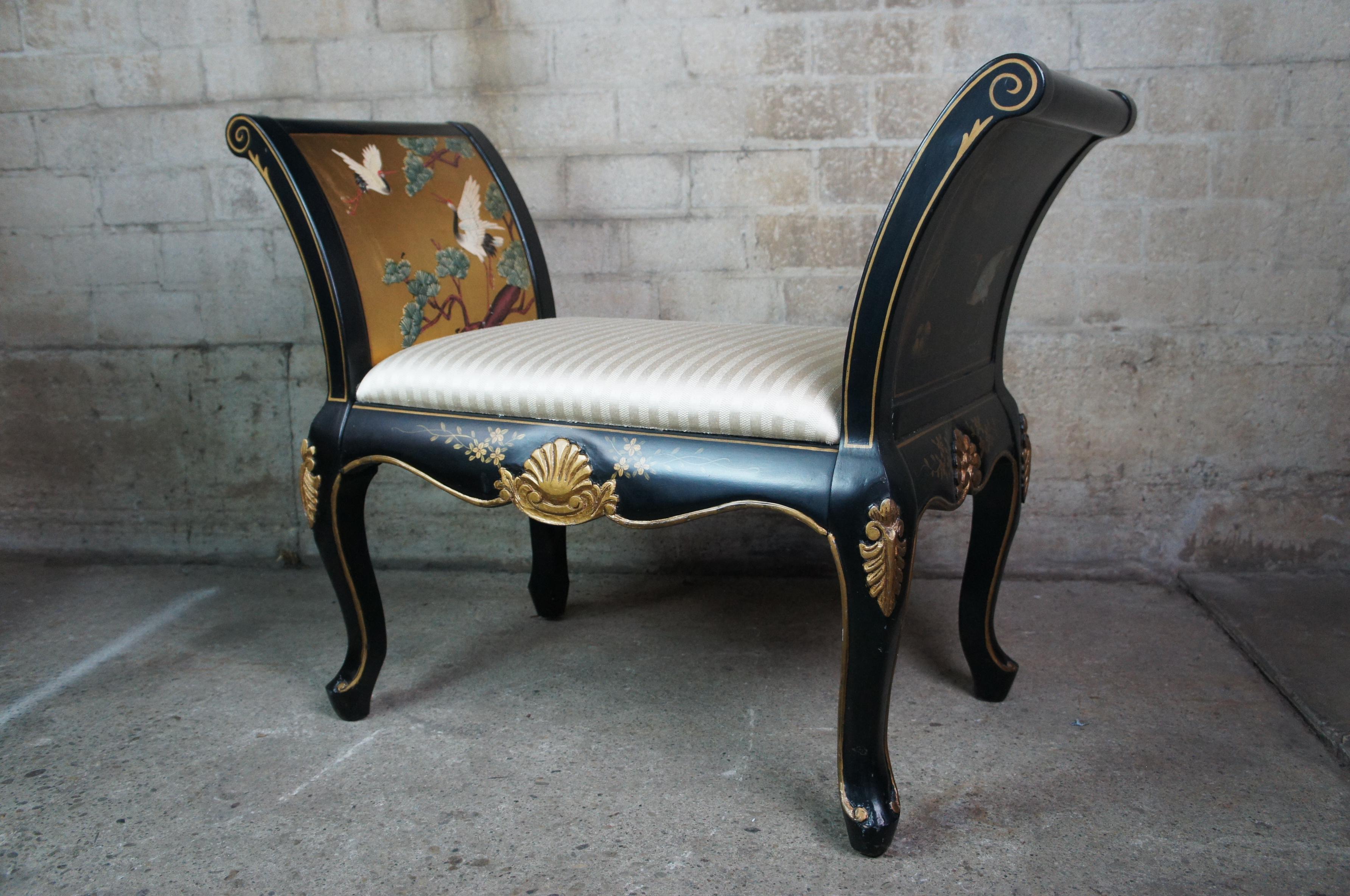 Vintage Oriental Black Lacquer Chinoiserie Bench Seat Scalloped Crane ...