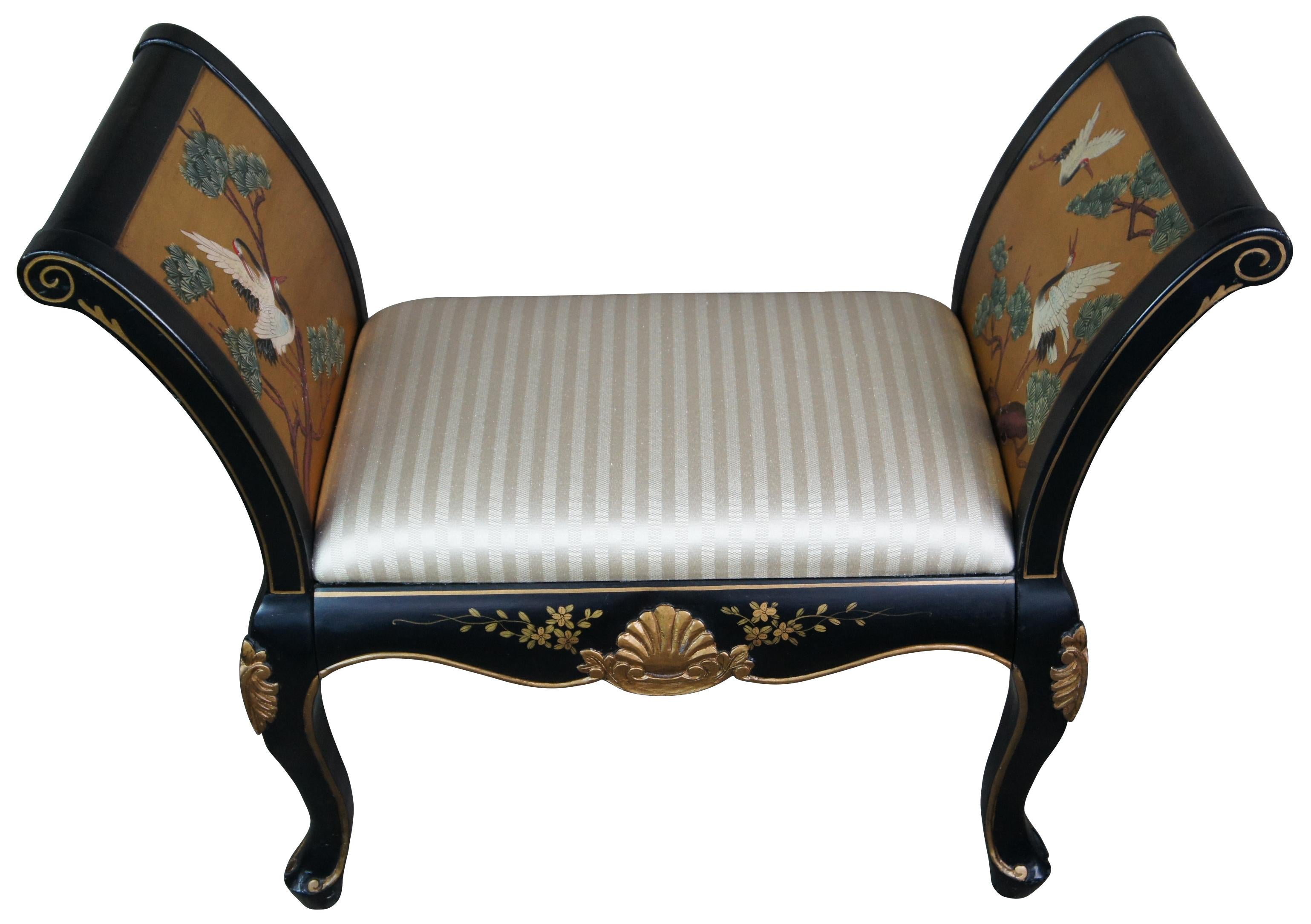 Vintage Oriental Black Lacquer Chinoiserie Bench Seat Scalloped Crane ...