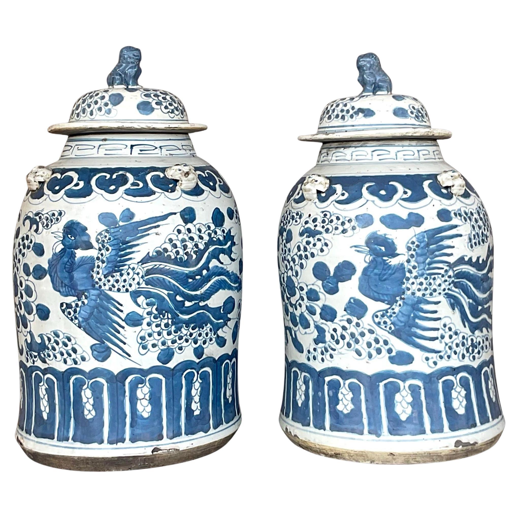 Vintage Oriental Blue and White Urns - a Pair For Sale at 1stDibs