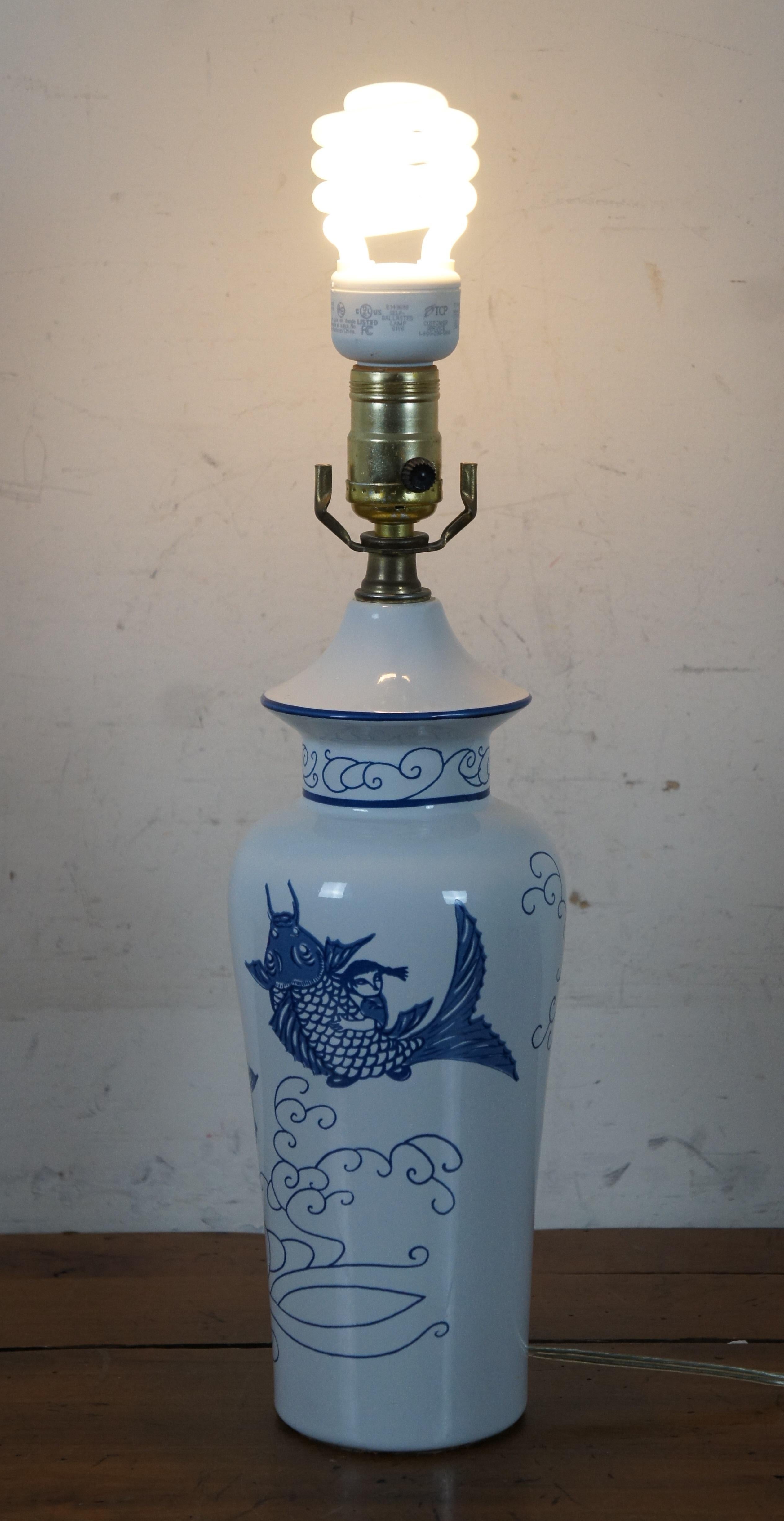 Vintage Oriental Blue and White Porcelain Flying Fish Table Lamp ...