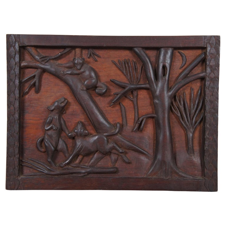 Vintage Oriental Carved Mahogany Bas Relief Folk Art Hunting Panel ...