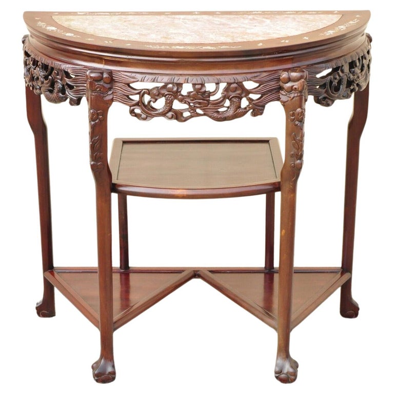 Vintage Oriental Chinese Carved Hardwood Demilune Marble Top Console ...