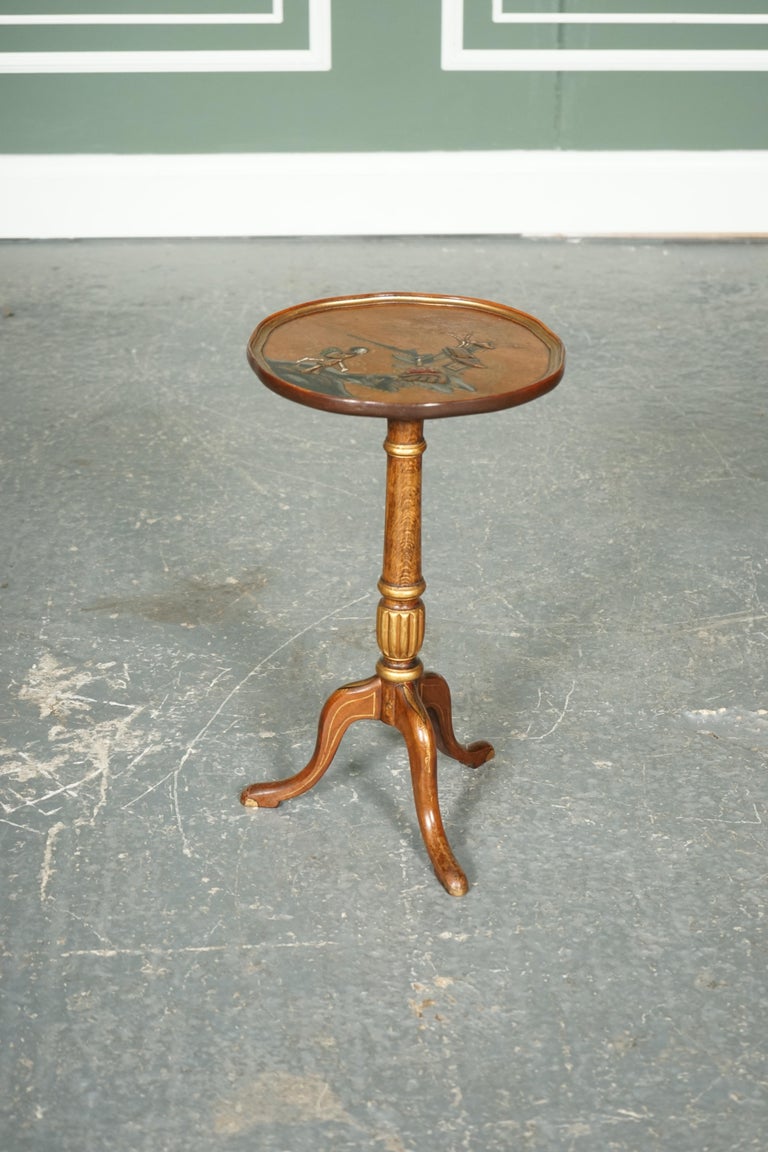 Vintage Oriental Chinoiserie Ebonised Hand Painted Pedestal Side End ...
