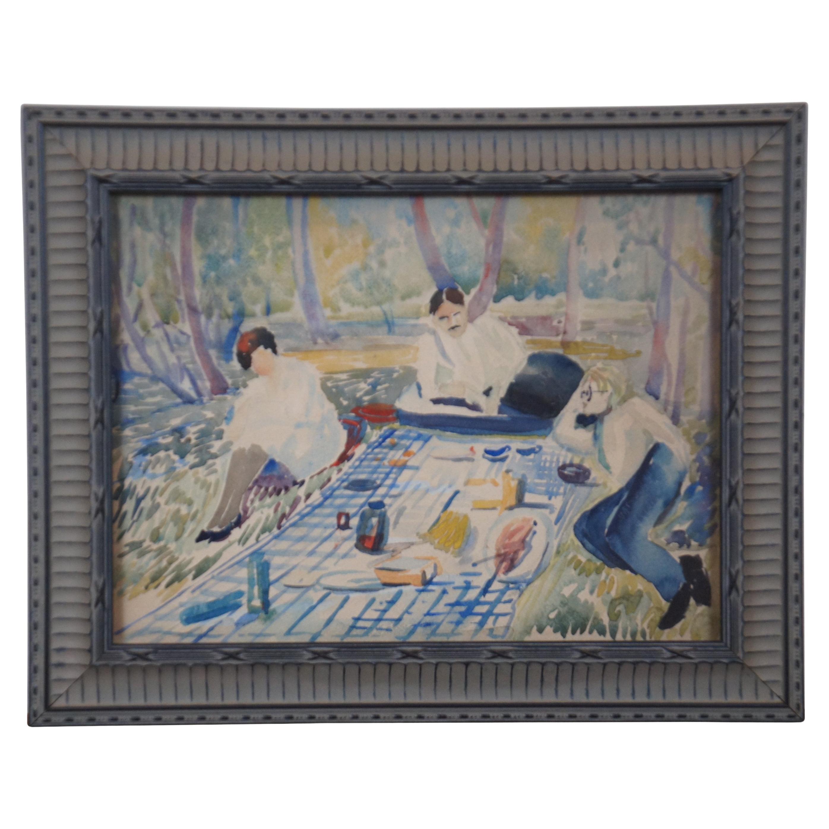 Vintage Original Impressionist Watercolor Picnic Landscape Painting For ...