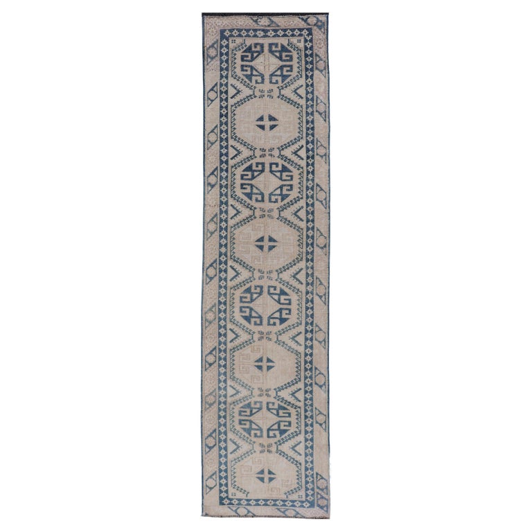 Vintage Oushak Turkish Runner with Geometric Design in Navy Blue For ...