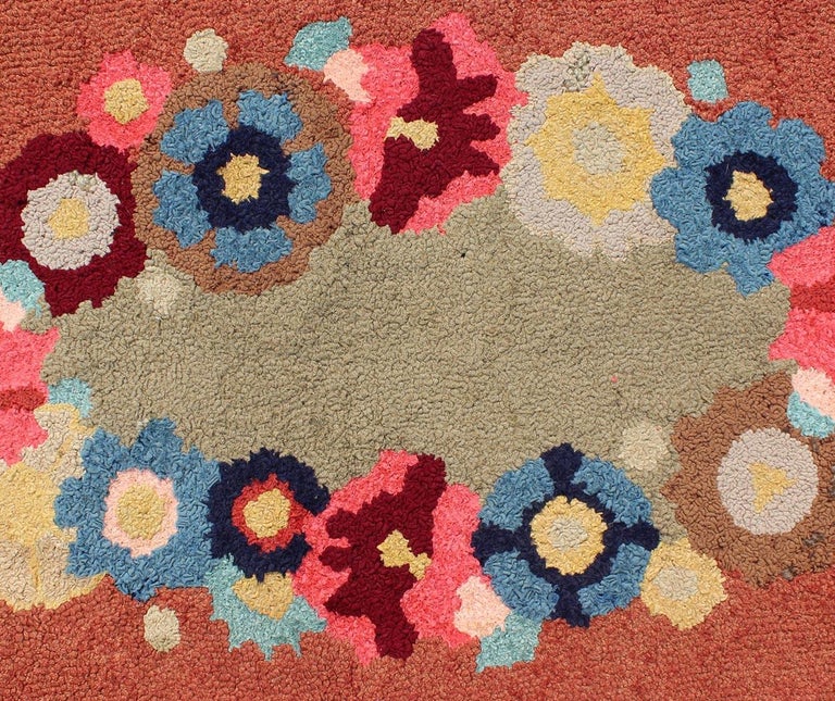 Vintage Oval American Hooked Rug with Large Flower Design For Sale at ...