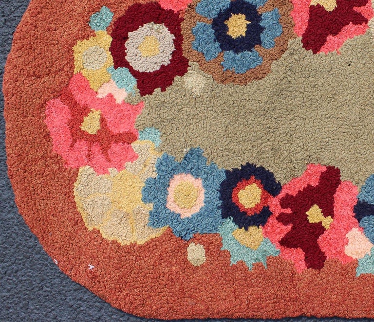 Vintage Oval American Hooked Rug with Large Flower Design For Sale at ...