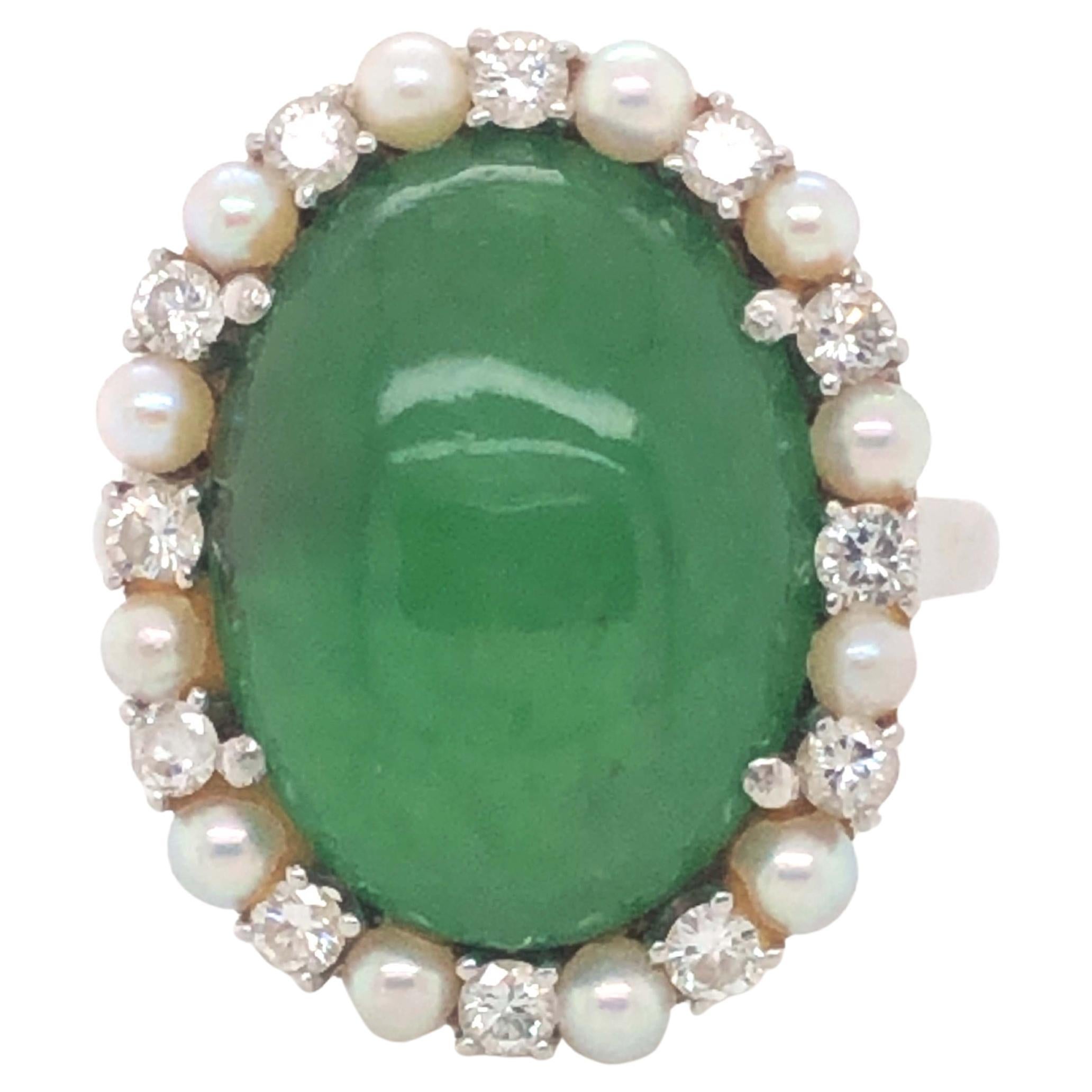 GIA Certified Oval Jadeite Jade Cabochon and White Diamond Ring in ...
