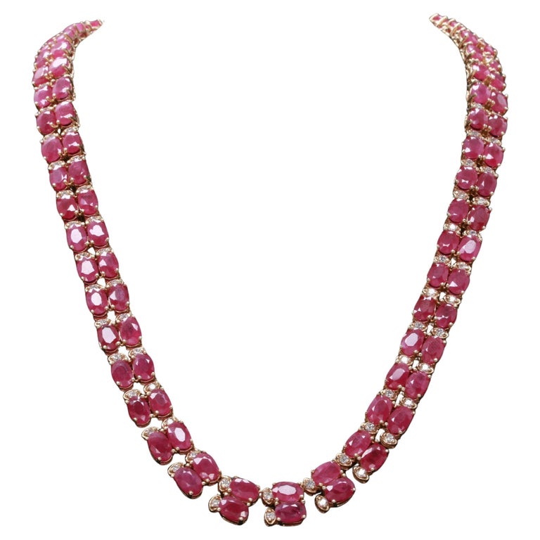 Vintage Oval Cut Ruby Diamonds Necklace, 18K Gold Necklace For Her For ...