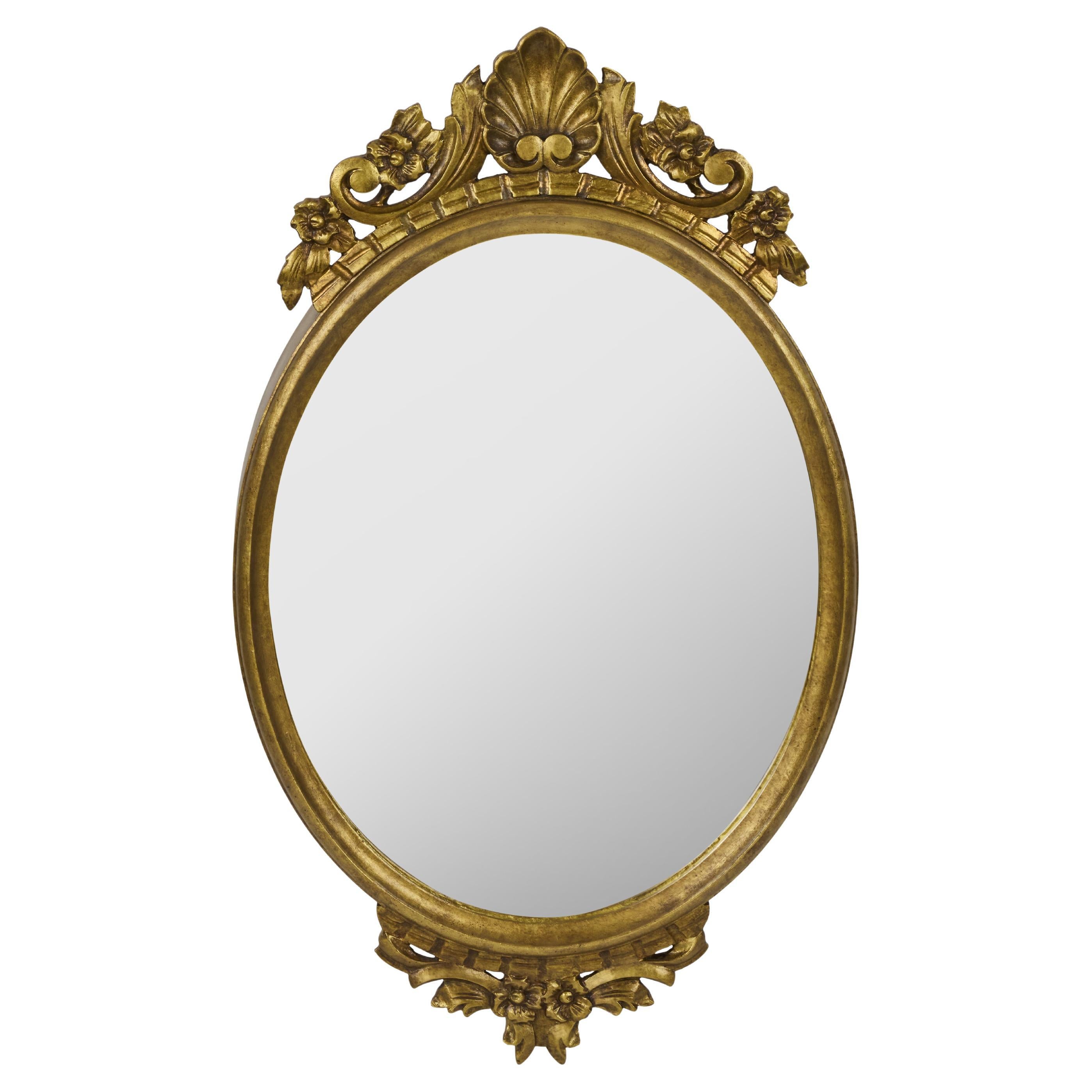 Vintage Oval Mirror w/ Wood Frame + Decorative Accent For Sale at 1stDibs