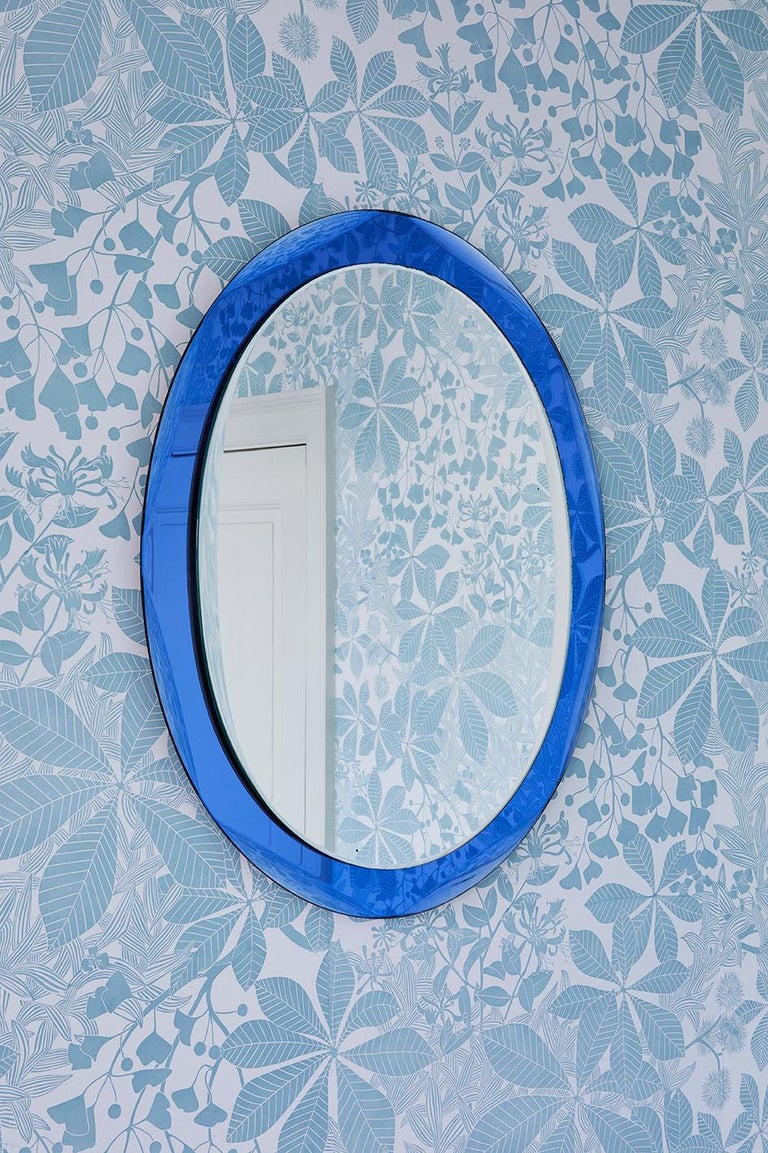 Vintage Oval Mirror with Blue Tinted Glass Frame, Italy, 1960s at 1stDibs