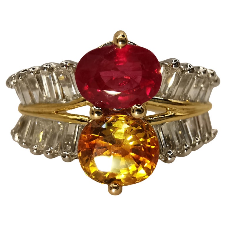 Vintage Oval Red Ruby and Golden Citrine Two-Stone Diamond Ring in ...