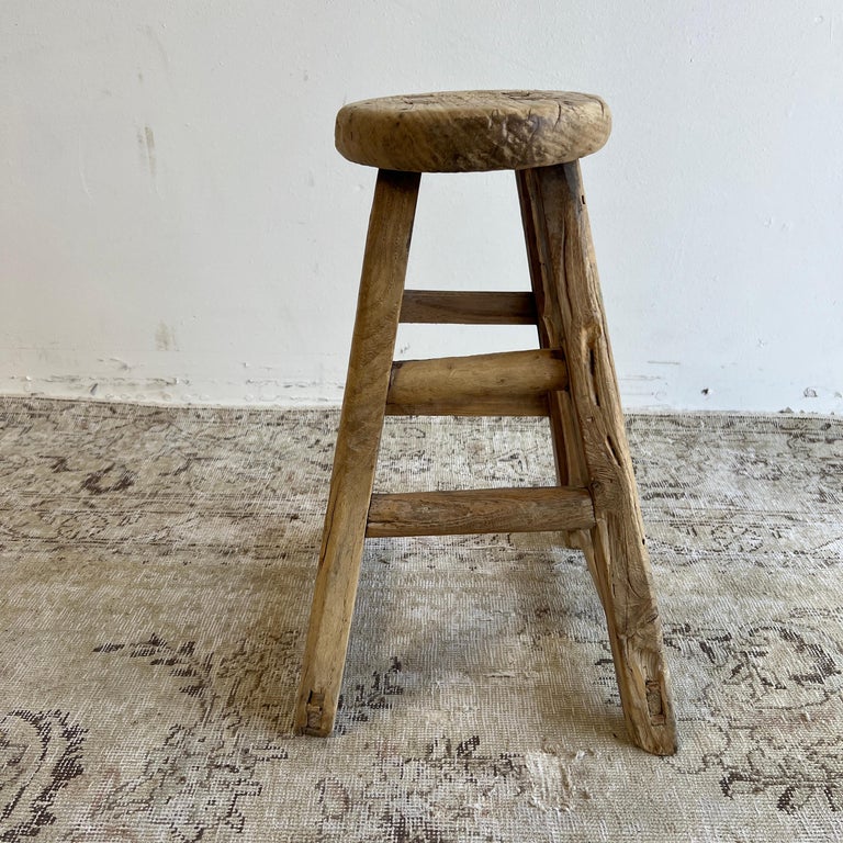 Vintage Oval Shape Elm Wood Stool For Sale at 1stDibs
