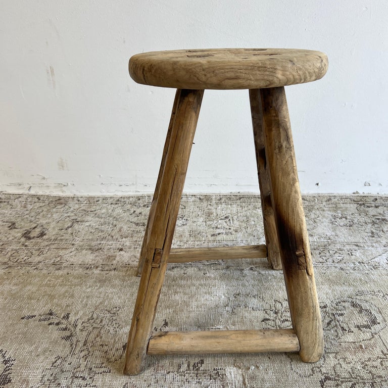 Vintage Oval Shape Elm Wood Stool For Sale at 1stDibs