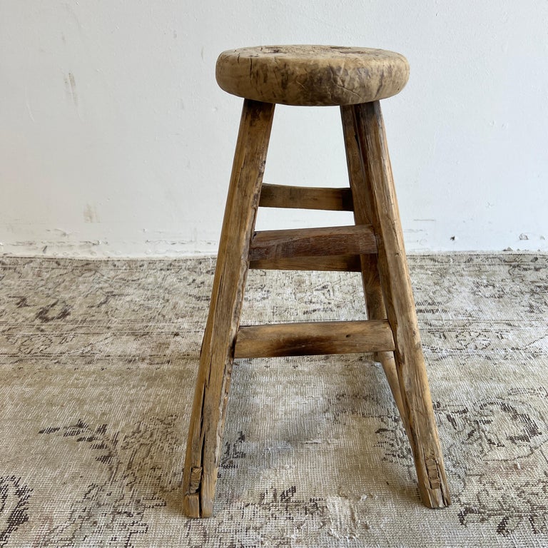 Vintage Oval Shape Elm Wood Stool For Sale at 1stDibs
