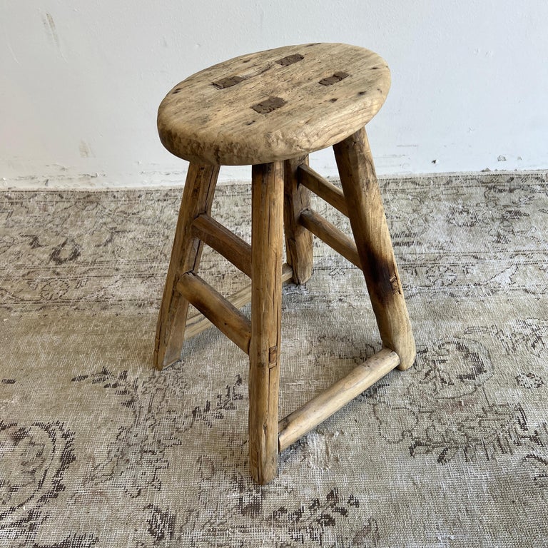 Vintage Oval Shape Elm Wood Stool For Sale at 1stDibs