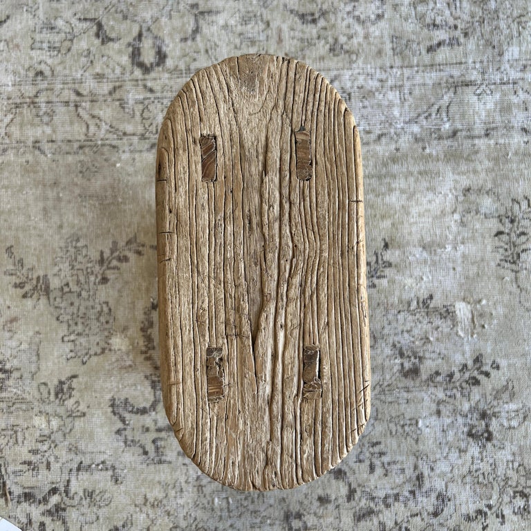 Vintage Oval Shaped Elm Wood Stool For Sale at 1stDibs