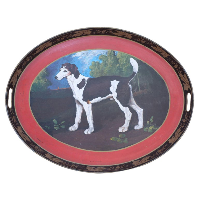 Vintage Oval Tole Hunting Dog Portrait Serving Tray For Sale at 1stDibs