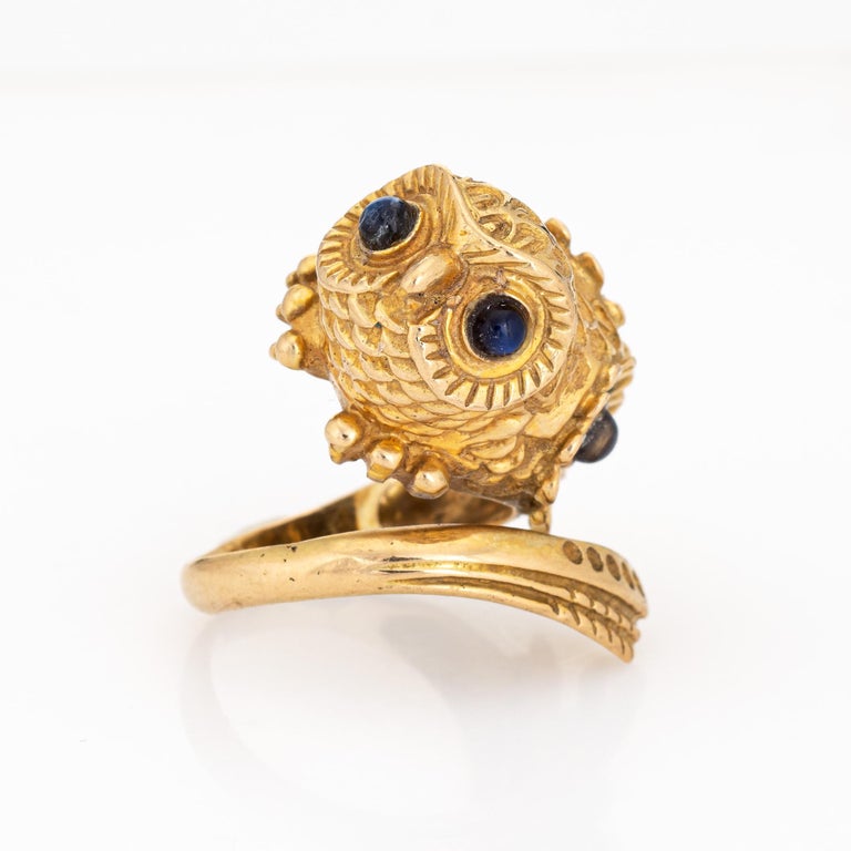 Vintage Owl Ring 18k Yellow Gold Cabochon Sapphire Eyes Fine Jewelry ...