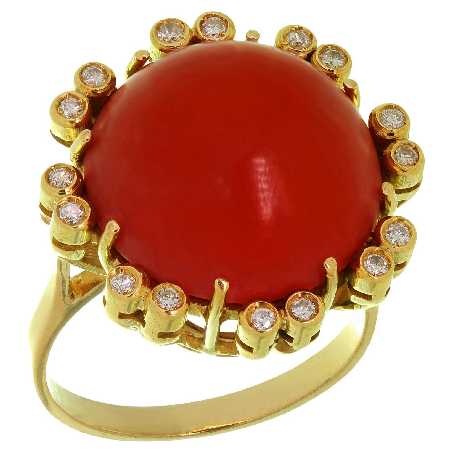 Natural Oxblood Coral Diamond 18 Karat Yellow Gold Dome Ring at 1stDibs