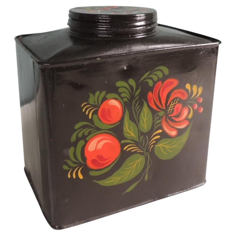 Vintage Painted Tole Folk Art Style Tea Canister For Sale at 1stDibs