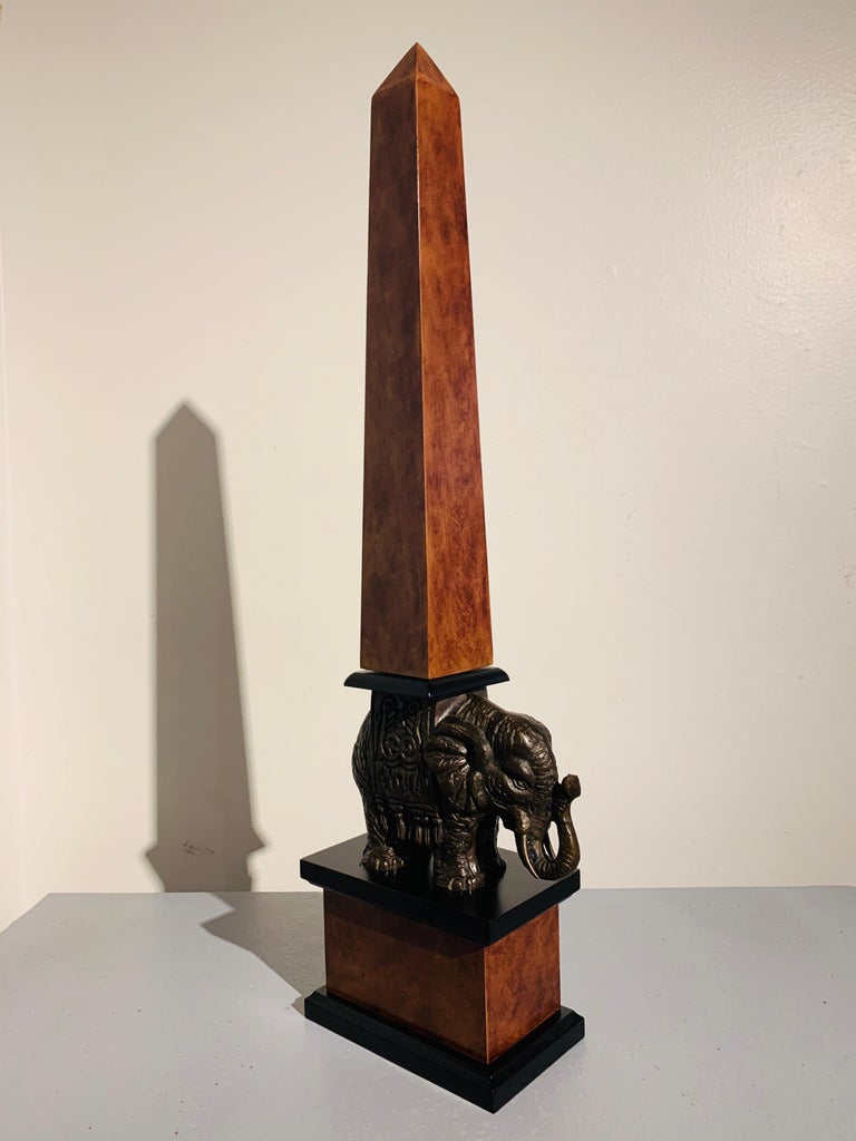 Vintage Pair of Burl Veneer Obelisk with Metal Elephants, Mid-20th ...