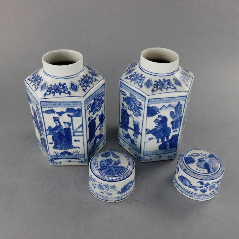 Vintage Pair Chinese Porcelain Canton School Blue and White Ginger Jars ...