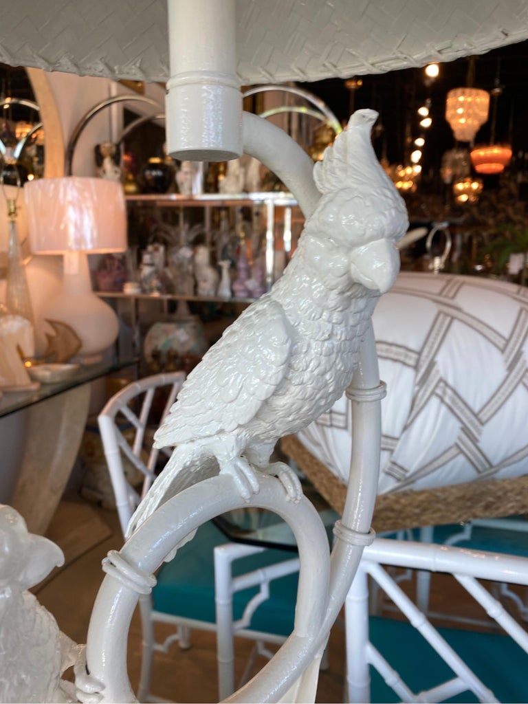 Vintage Pair Faux Bamboo Parrot Bird Table Lamps Woven Rattan Shade ...