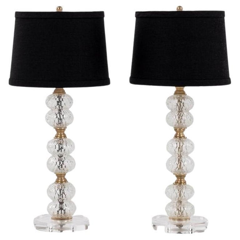 Vintage Pair Glass Brass Table Lamps For Sale at 1stDibs
