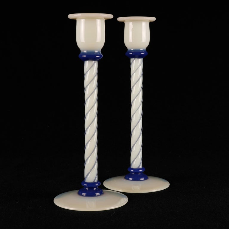 Vintage Pair of H.C. Fry Foval Hand Blown Art Glass Candlesticks, 20th ...
